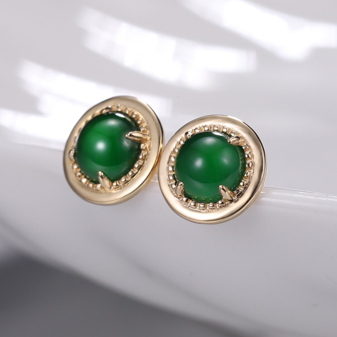 Vintage Forest Green Jade Round Stud Earrings, Mini Solid Gold Bezel ...