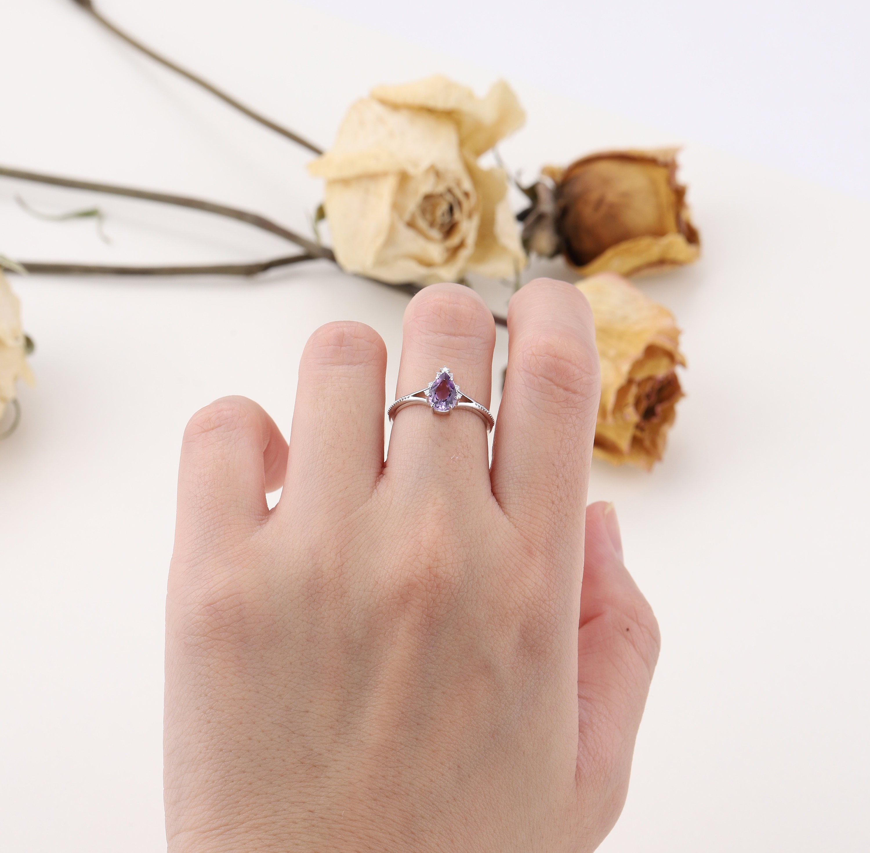 Pear Shaped Amethyst Ring Teardrop Amethyst Ring White Gold - Etsy