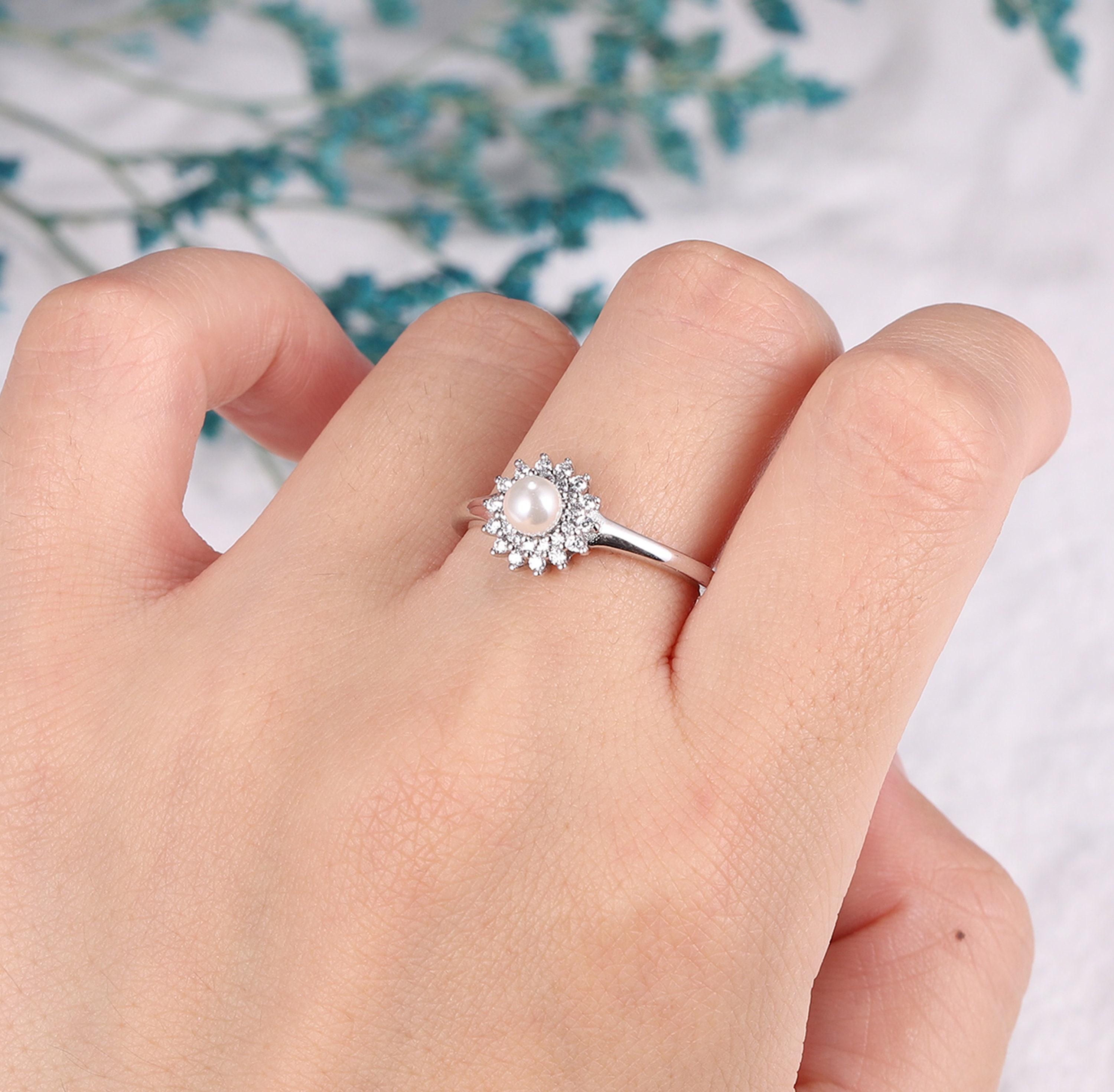 Vintage Pearl Engagement Rings White Gold, Double Halo Round Pearl ...