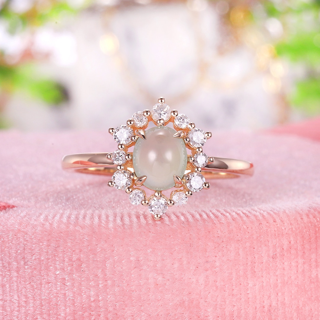 14k Rose Gold Oval Icy Jade Wedding Ring, Vintage Grade A Burmese ...