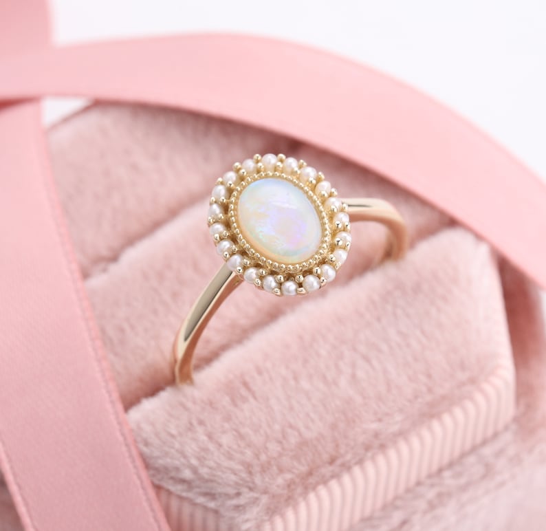 Vintage Opal Ring, Natural Australia Opal Halo Freshwater Pearl Ring ...