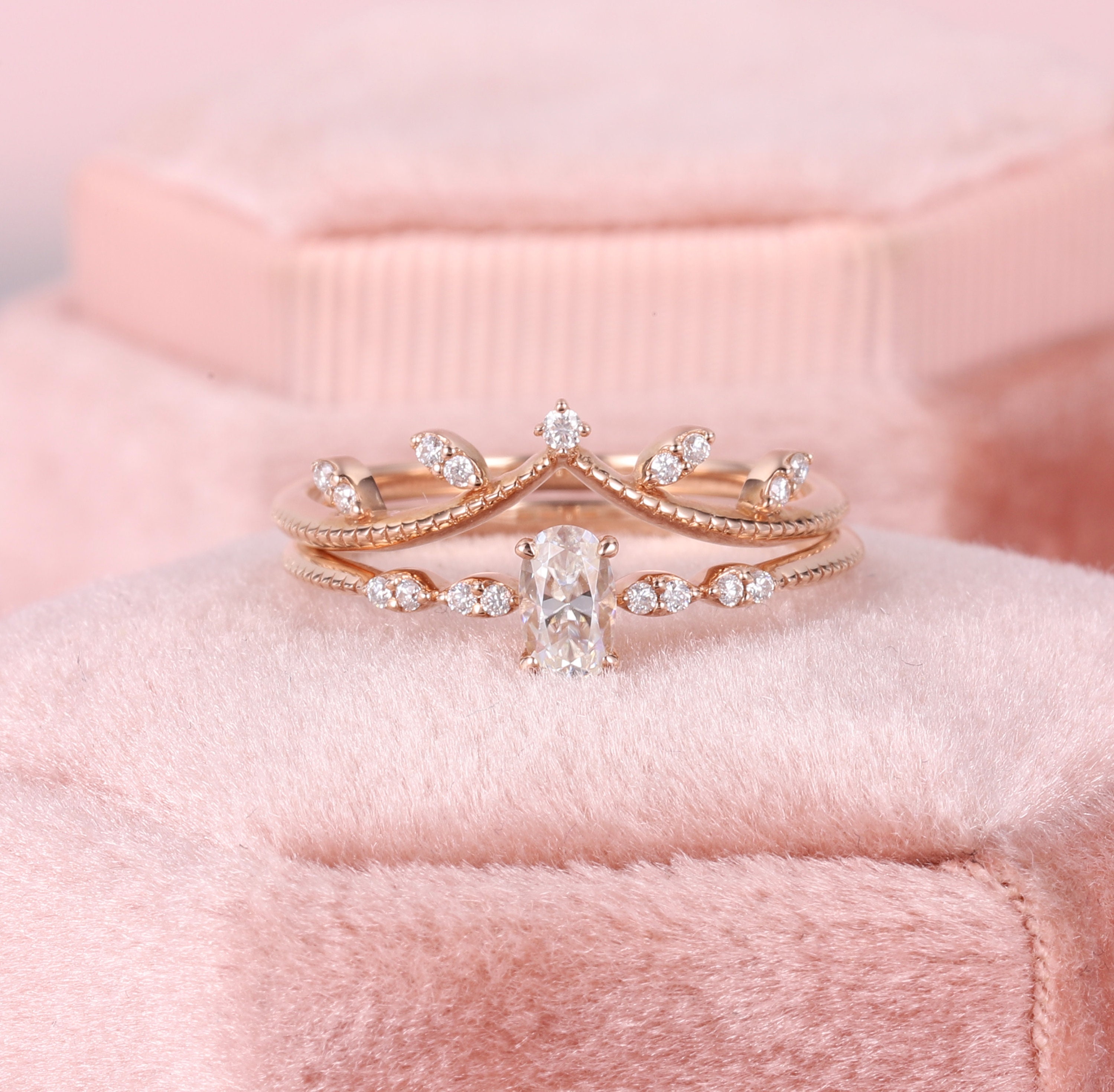 Two Piece Wedding Ring Set 4 Prong Oval Cut Solitaire Rose - Etsy