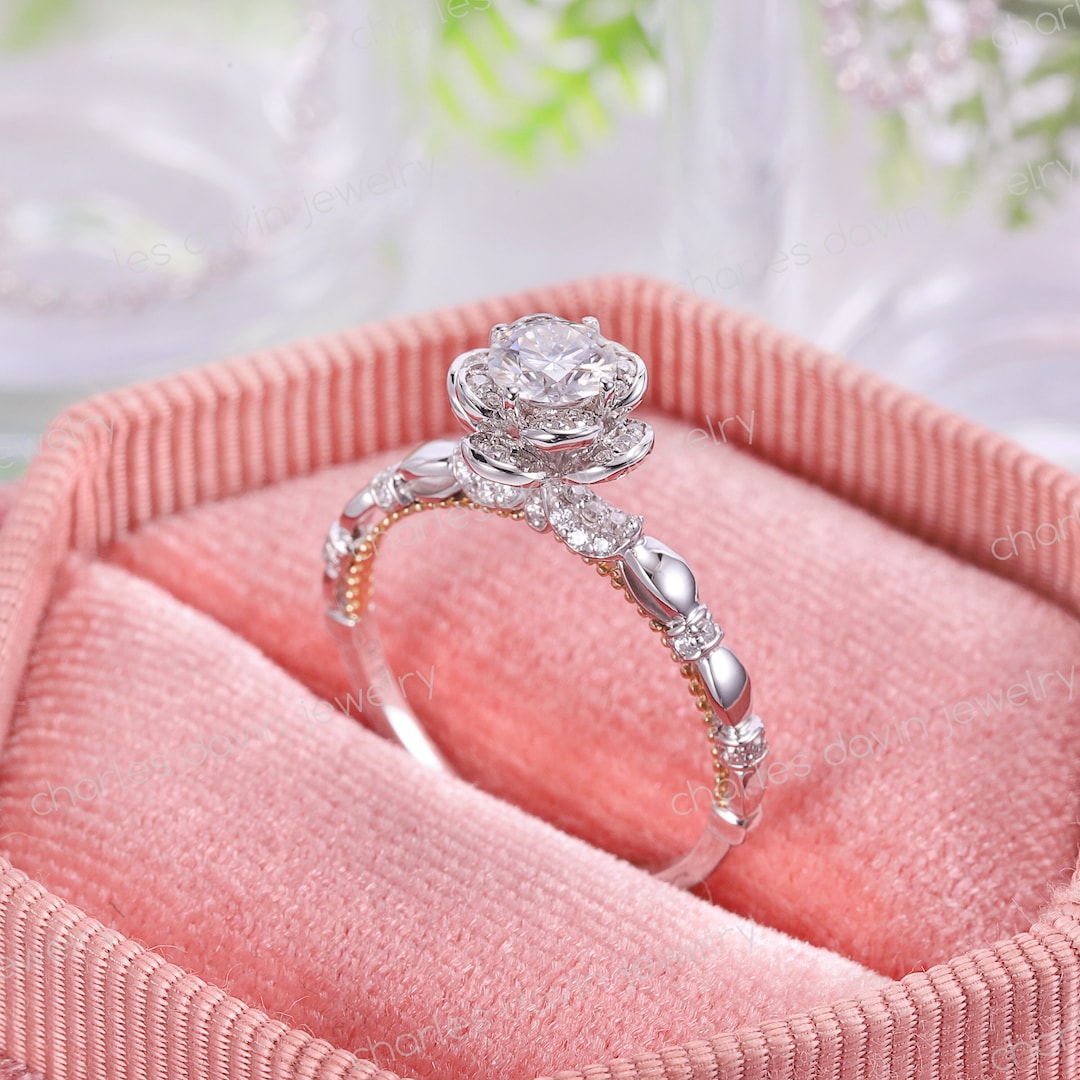 Unique Two Tone Floral Wedding Ring, 2 Tone Yellow and White Gold ...