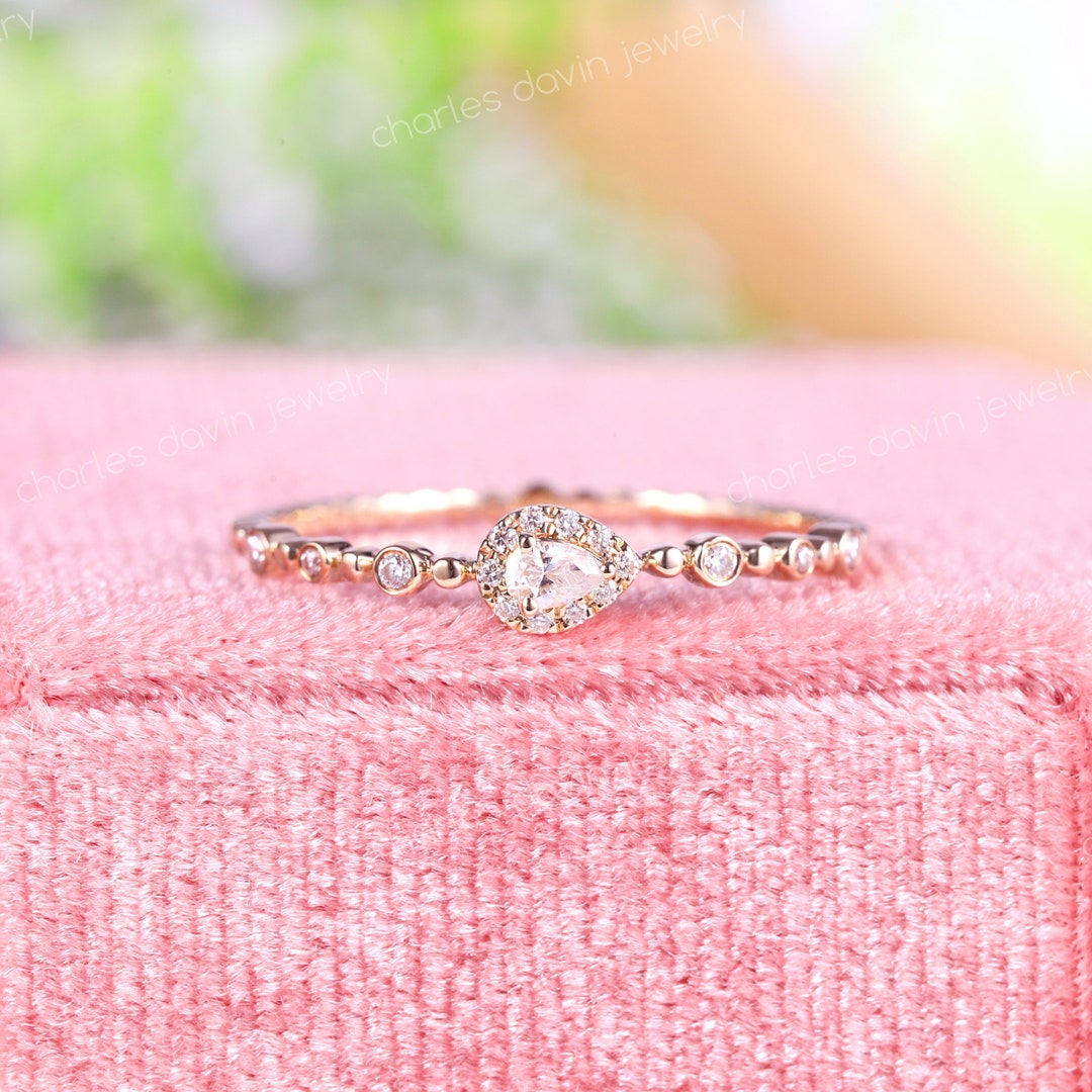 East West Pear Diamond Dainty Stackable Ring, Minimalist Thin Band ...