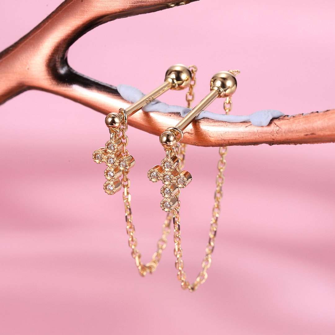 14k Gold Classic Pave Diamond Cross Pendant Earrings, Long Chain Ball Earrings Stud, Two Ways to ...