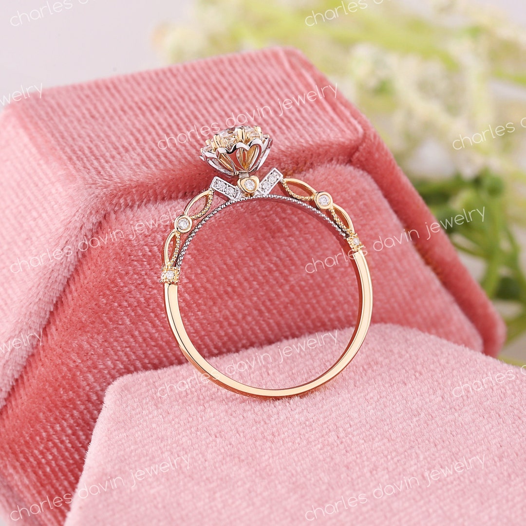 Vintage Two Tone Wedding Ring, Unique 2 Tone Moissanite Engagement Ring ...