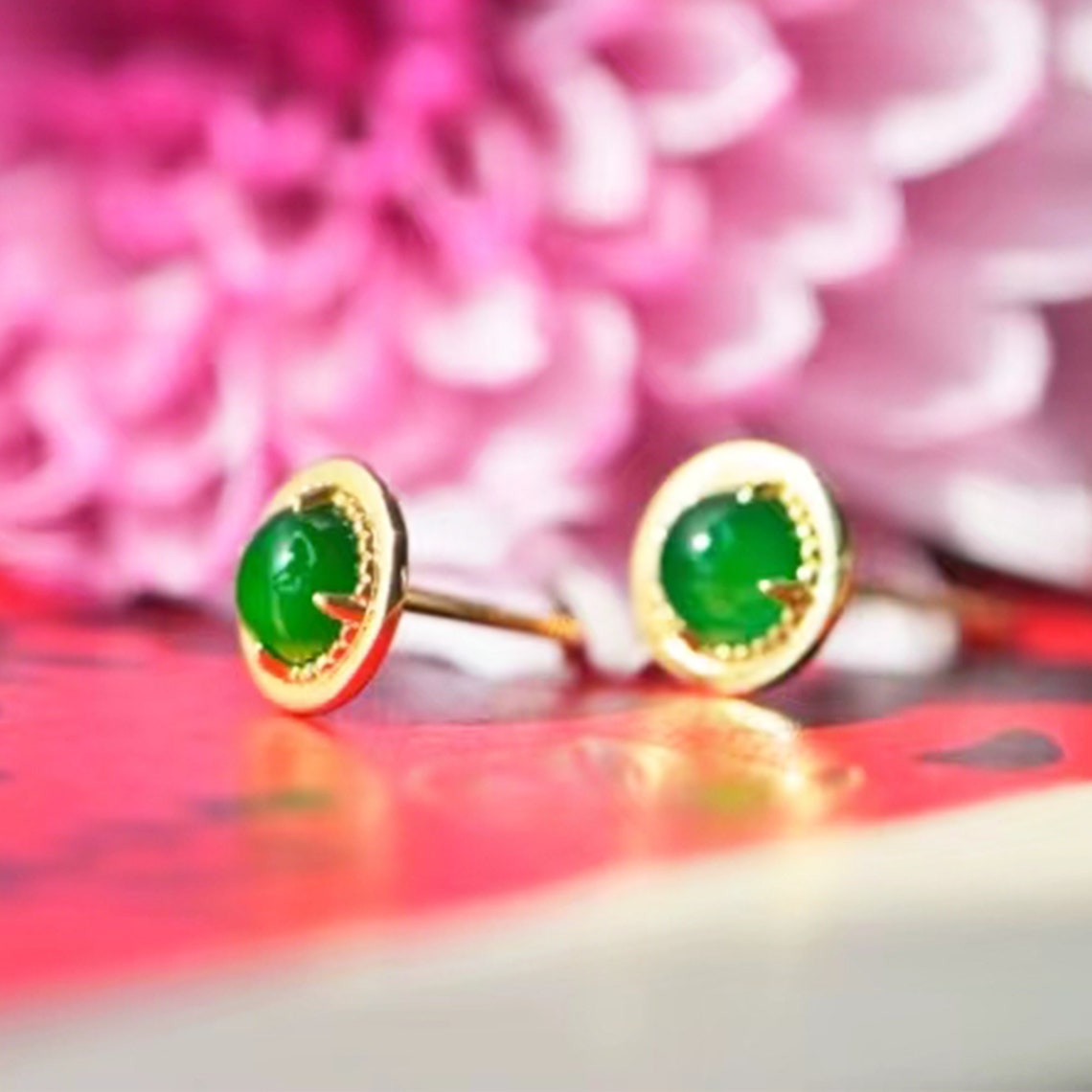 Vintage Forest Green Jade Round Stud Earrings, Mini Solid Gold Bezel ...