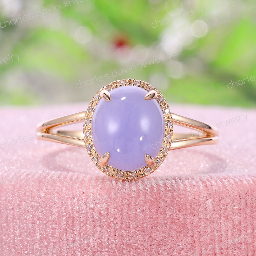 3.5ct Lavender Jadeite Cabochon Halo Diamond Solitaire Ring, Split ...