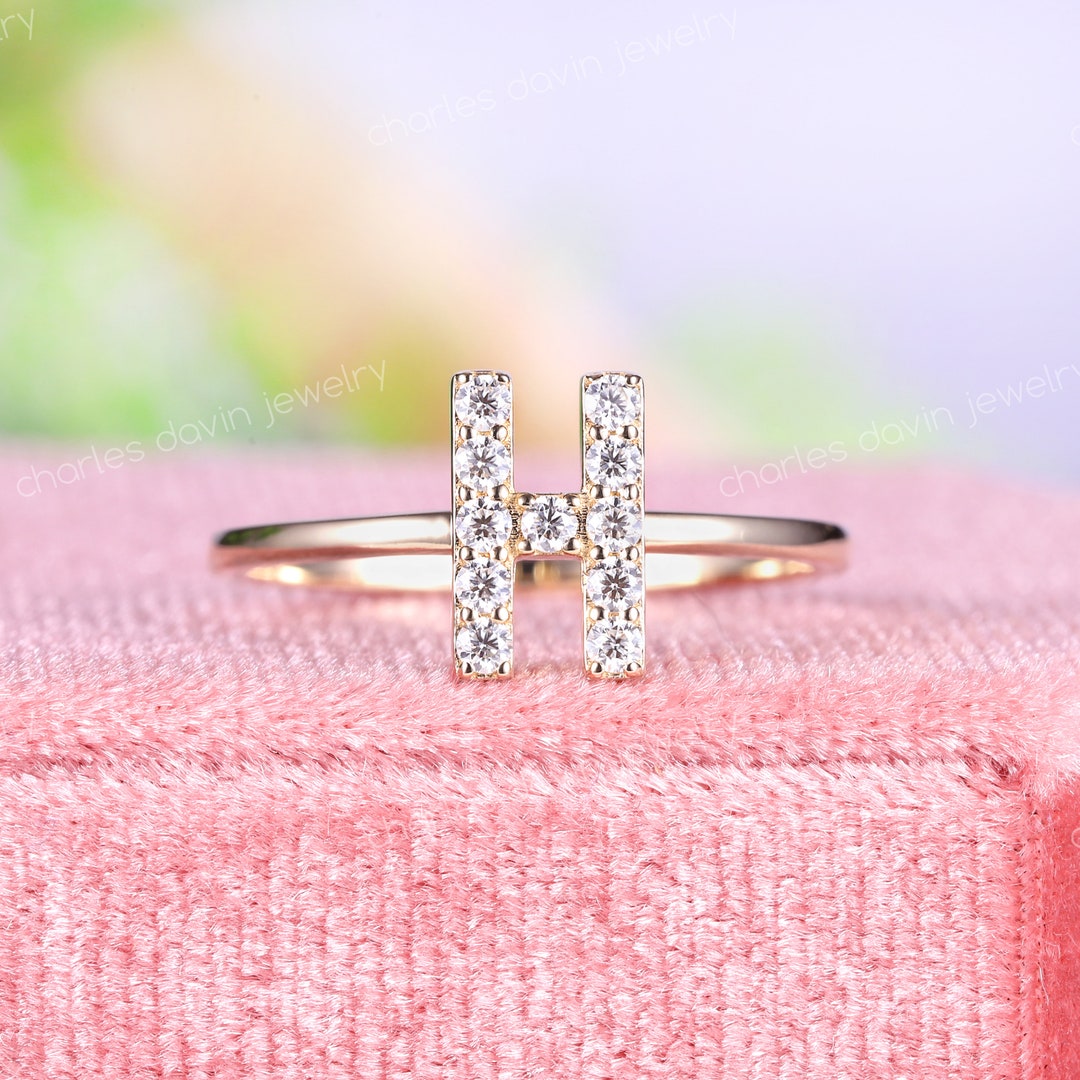 14K Solid Gold H Letter Diamond Ring, Personalized Alphabet Ring ...