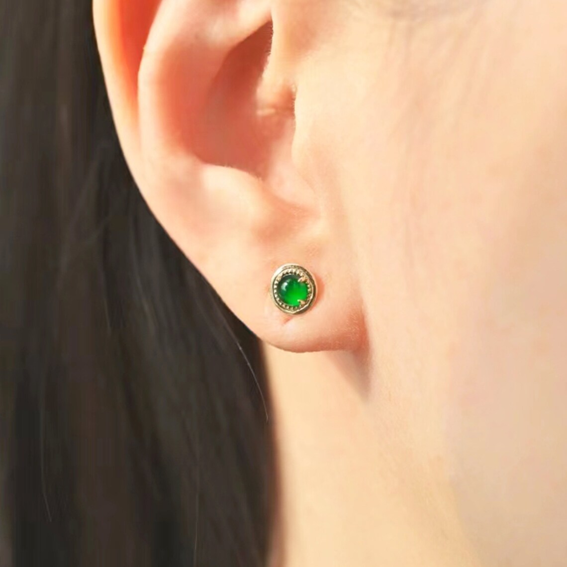 Vintage Forest Green Jade Round Stud Earrings, Mini Solid Gold Bezel ...