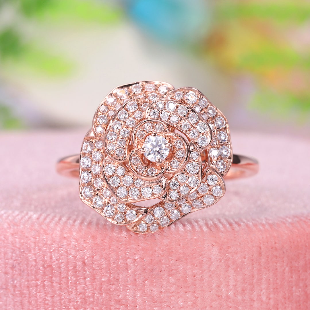 14k Gold Luxury Stereoscopic Rose Shape Ring, Flower Engagement Ring ...