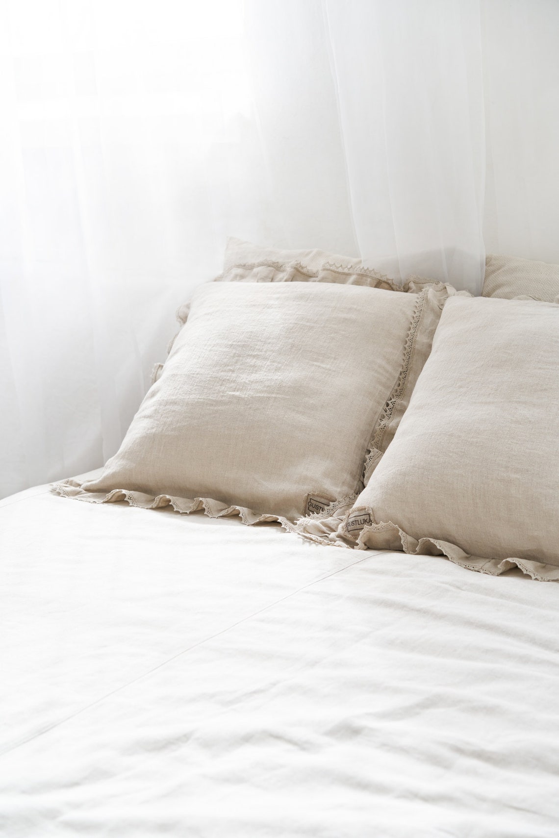 Linen Bedspread With Lace, Natural 100% Pure Linen Ruffled Bedspread ...
