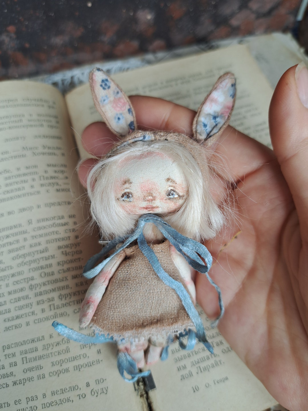 Miniature Rag Art Doll With Rabbit Hat and Angel Wings, Gift for Her ...