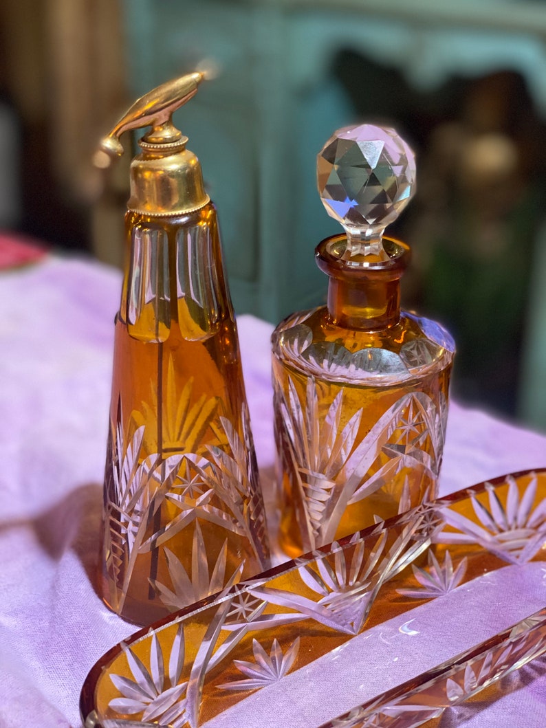 Art Deco Bohemian Crystal Cut Amber Perfume Vanity Set. - Etsy