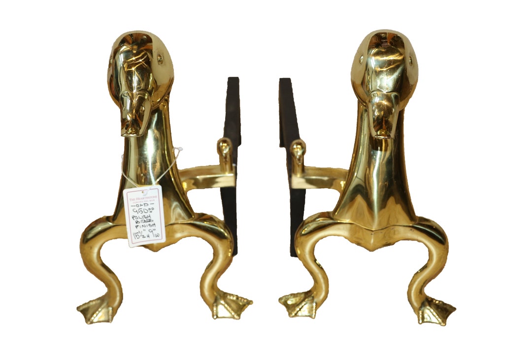 Vintage Duck Body Polished Brass Andirons Refinished With Log Holders ...