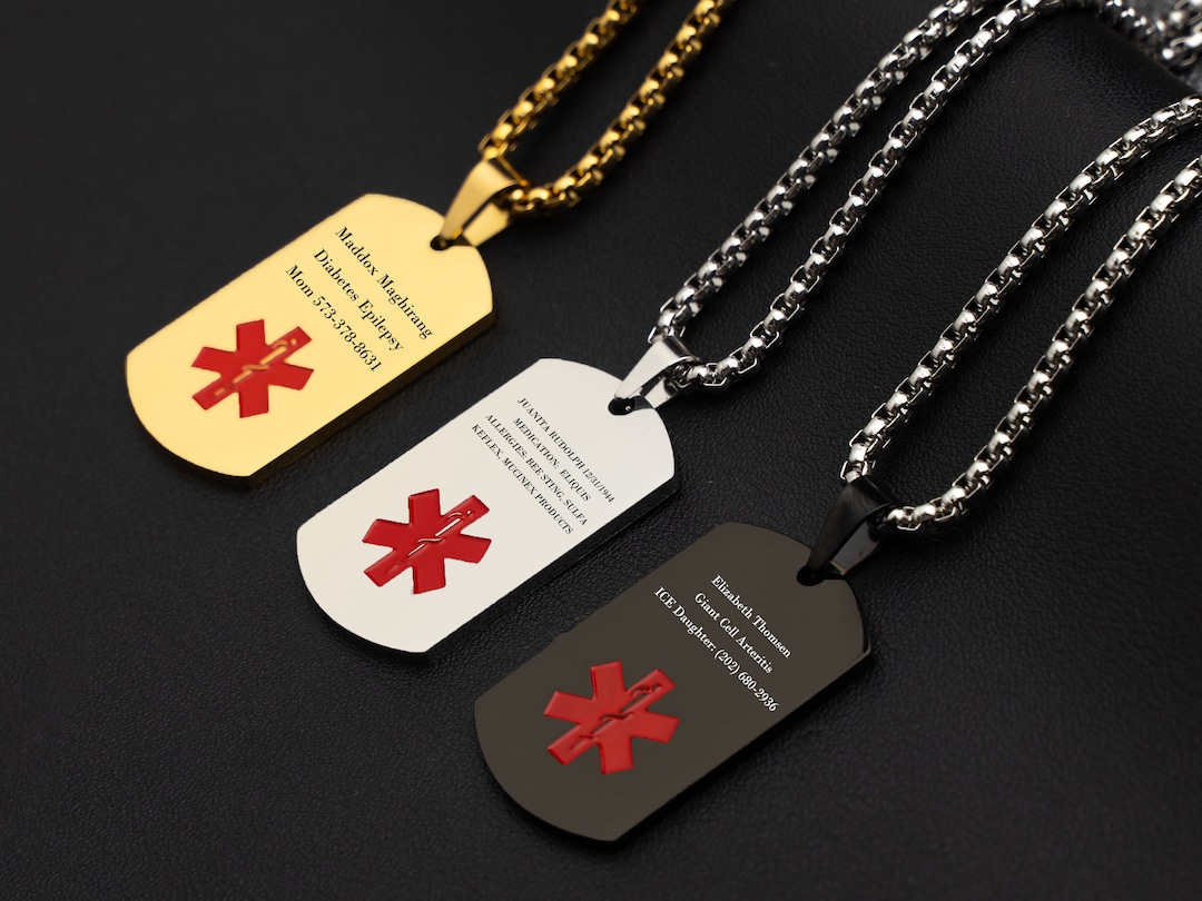 Custom Medical Alert Necklace for Men Women Stainless Steel Engraved ...