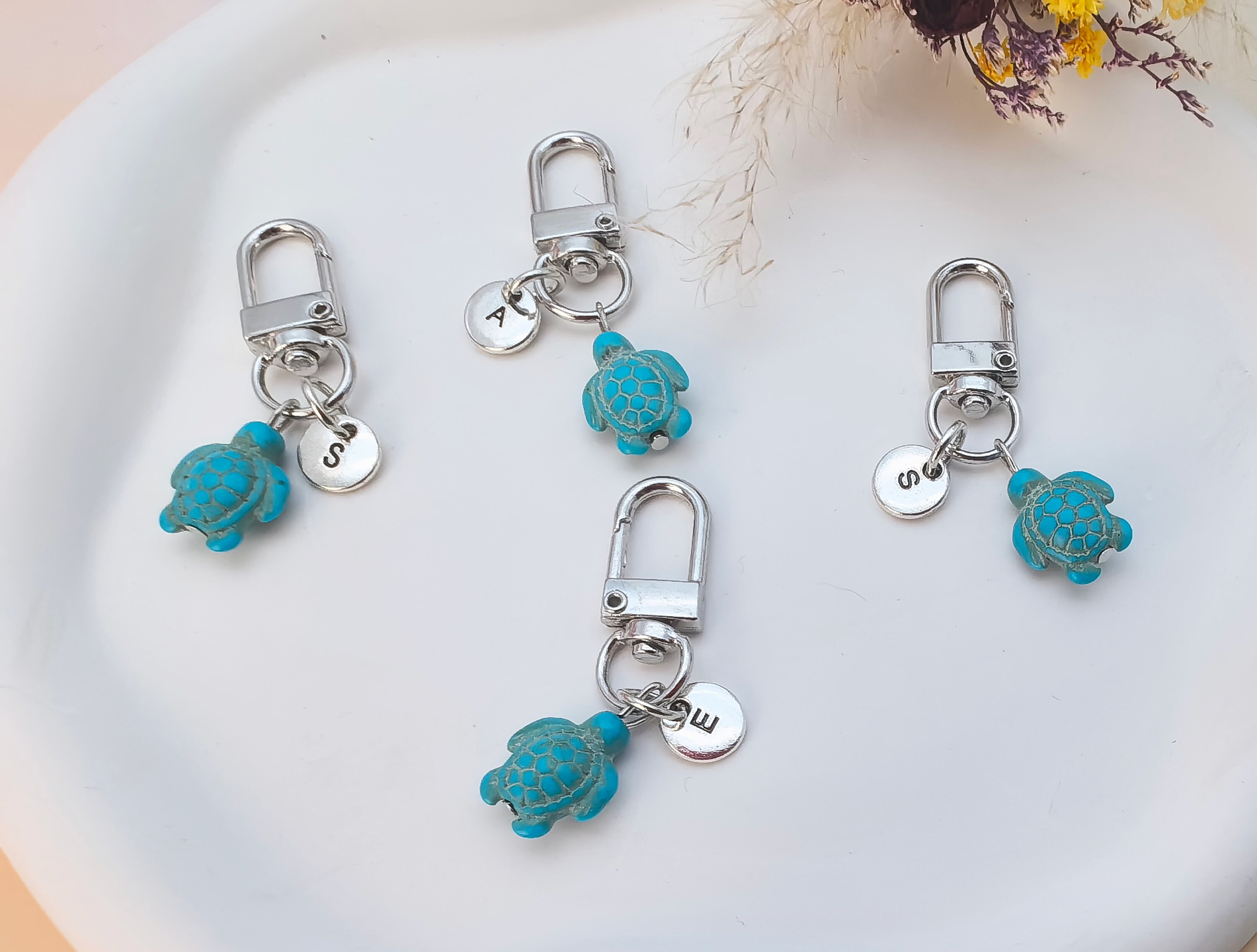 Personalised Tiny Sea Turtle Keychain With Letter，good Luck Charm Mom's ...