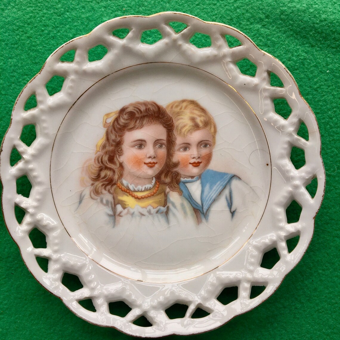 Vintage Pierced Lace Ribbon Plate With Edwardian Children - Etsy