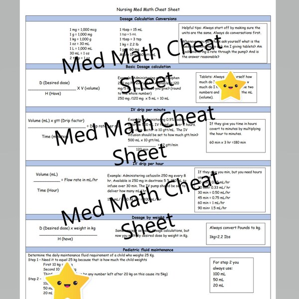 Nursing Med Math Cheat Sheet One Page Digital Copy - Etsy