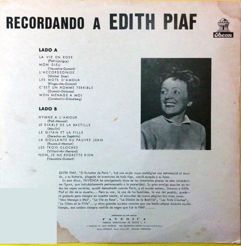 Edith Piaf Vinyl Remembering Her Best Songs Original LP Record Pressed ...