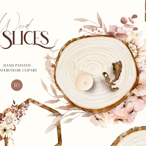 Flower Wood Slice Clipart Watercolor Flowers Clipart Flower | Etsy