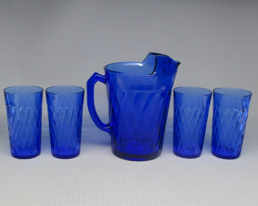 Hazel Atlas Cobalt Blue Pitcher With Four Tumblers / Glasses , Diamond ...