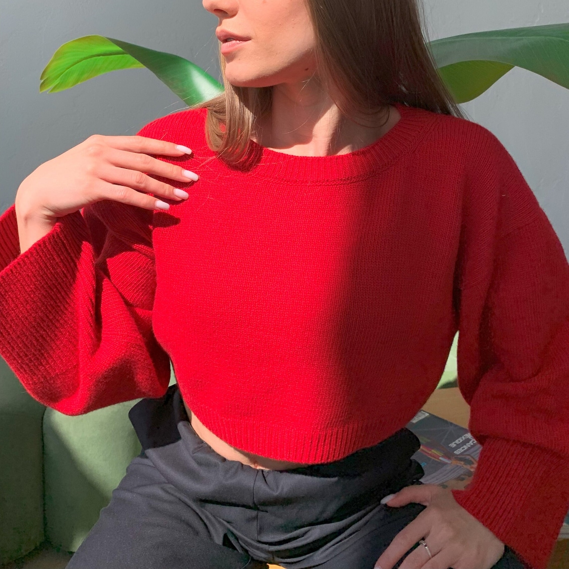 Oversized Red Cropped Sweater Crop Crew Neck Wool Sweater - Etsy