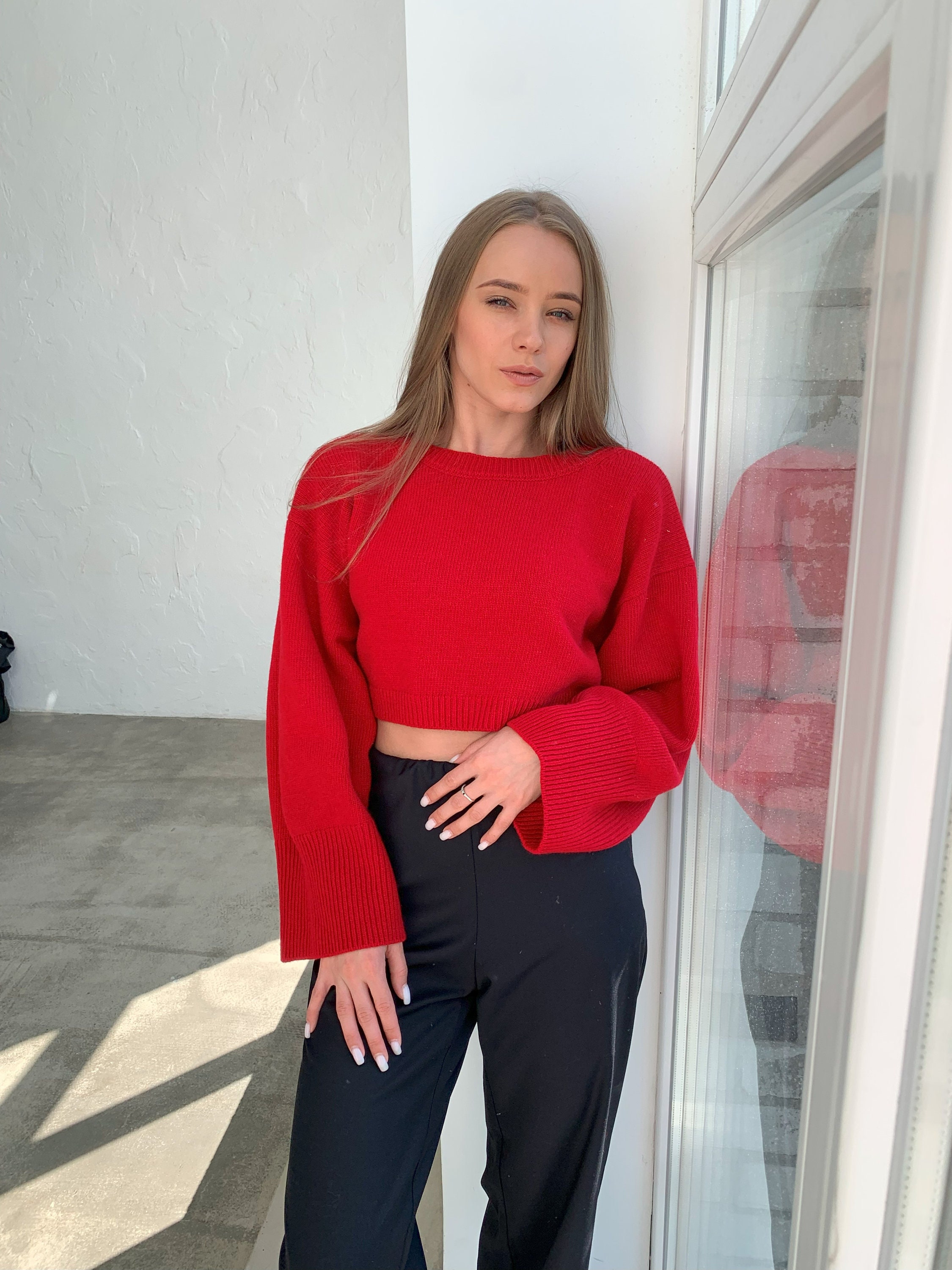 Oversized Red Cropped Sweater Crop Crew Neck Wool Sweater - Etsy