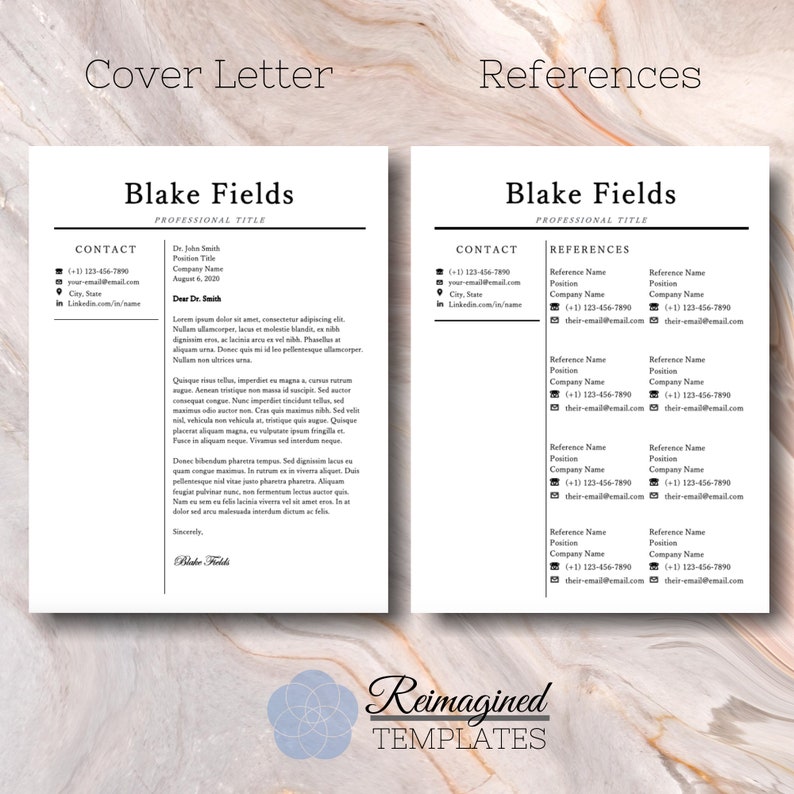 Professional Resume Template Word Cover Letter Reference - Etsy