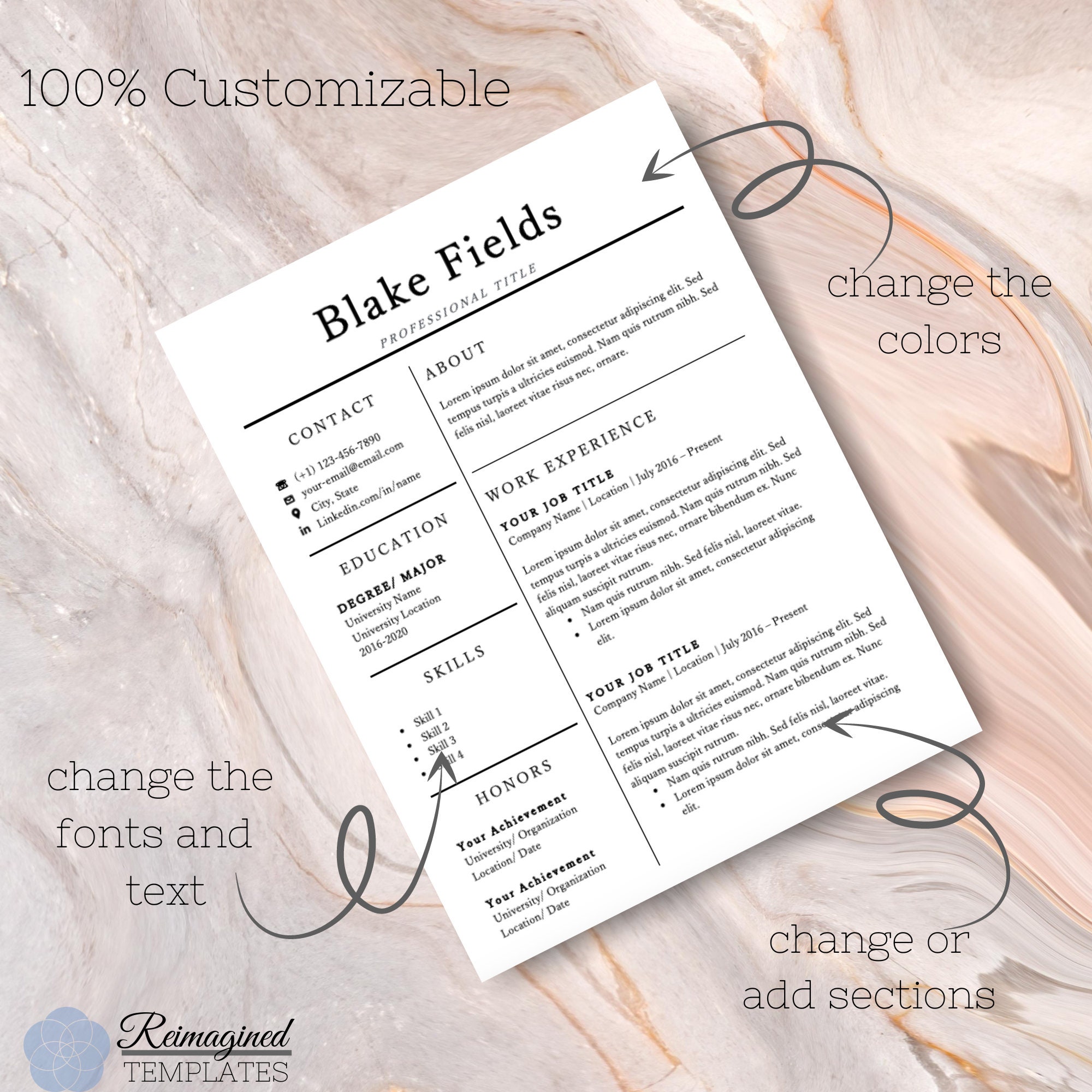 Professional Resume Template Word Cover Letter Reference - Etsy