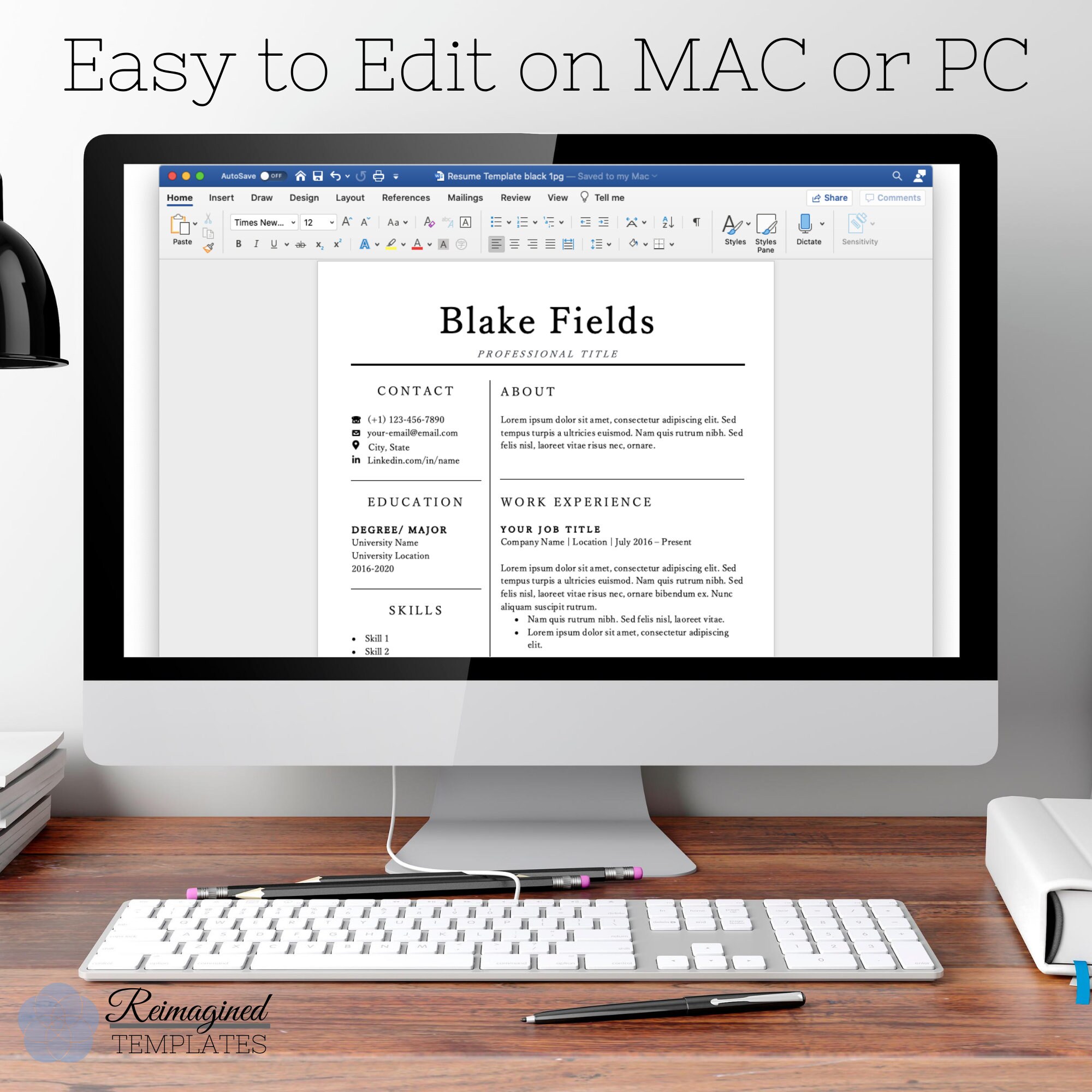 Professional Resume Template Word Cover Letter Reference - Etsy