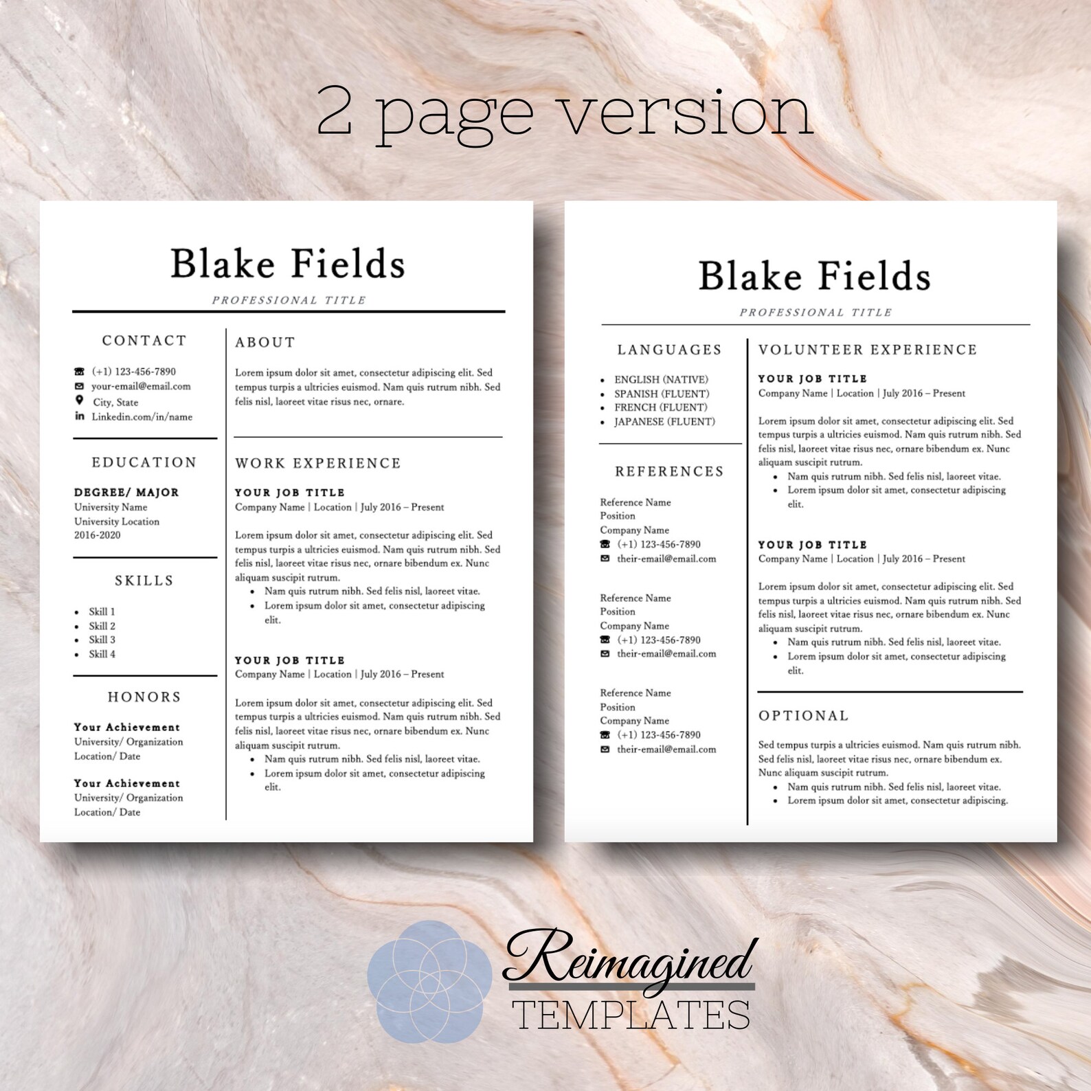 Professional Resume Template Word Cover Letter Reference - Etsy