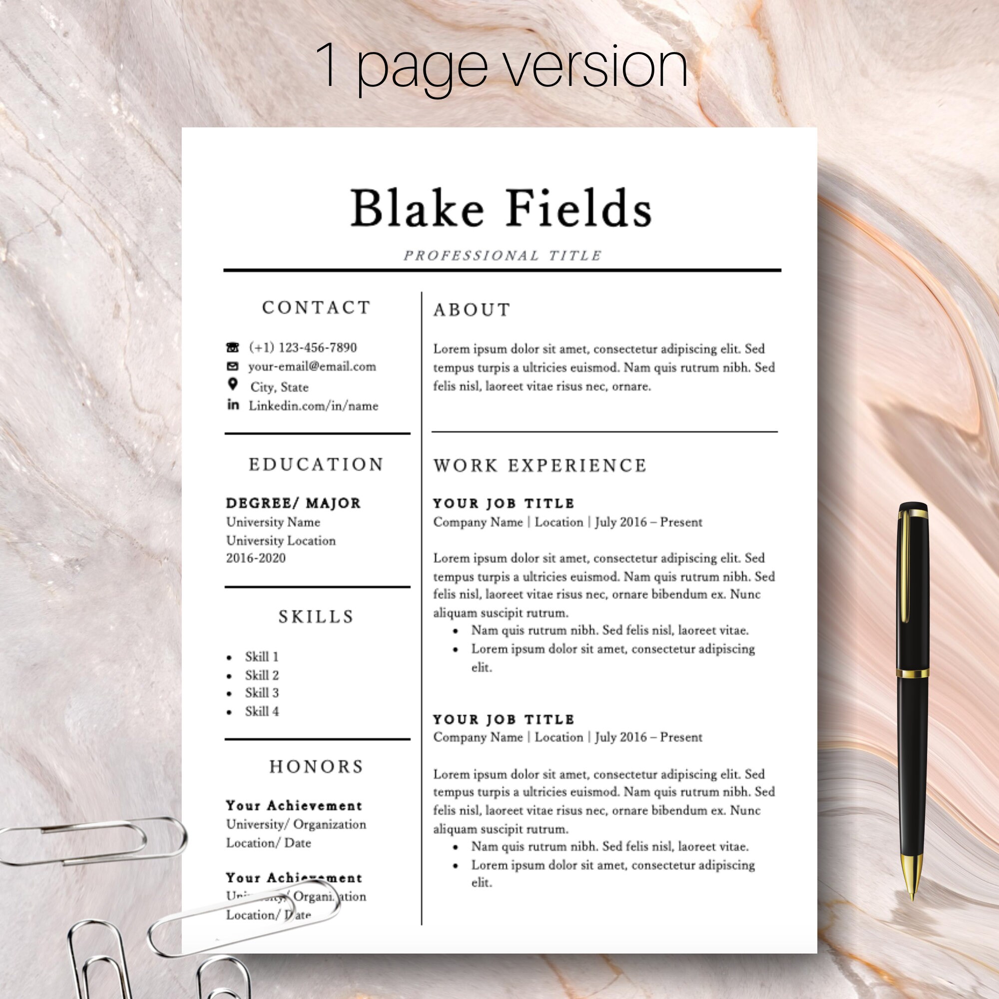 Professional Resume Template Word Cover Letter Reference - Etsy