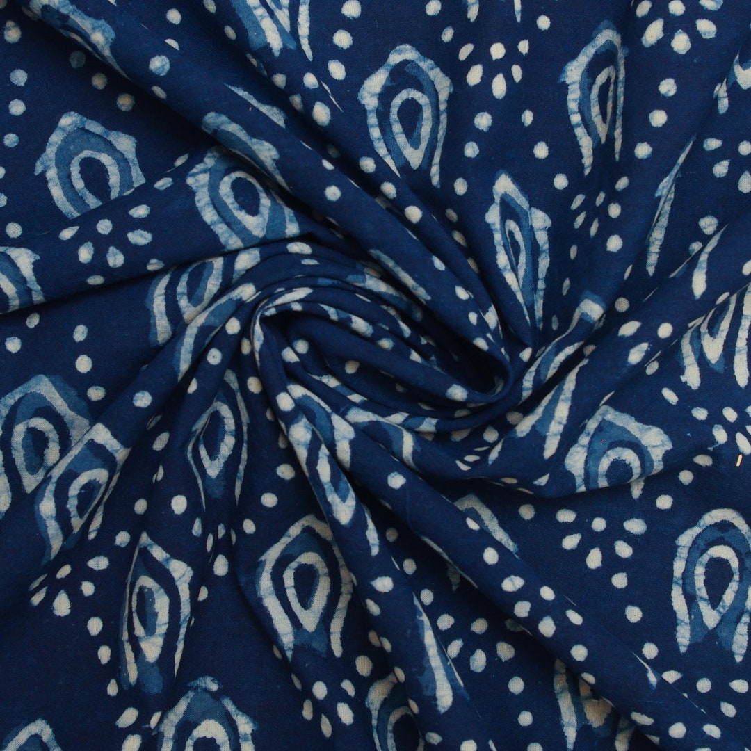 Indigo Dabu Peacocks Feathers Pattern Hand Block Printed 100% Cotton ...