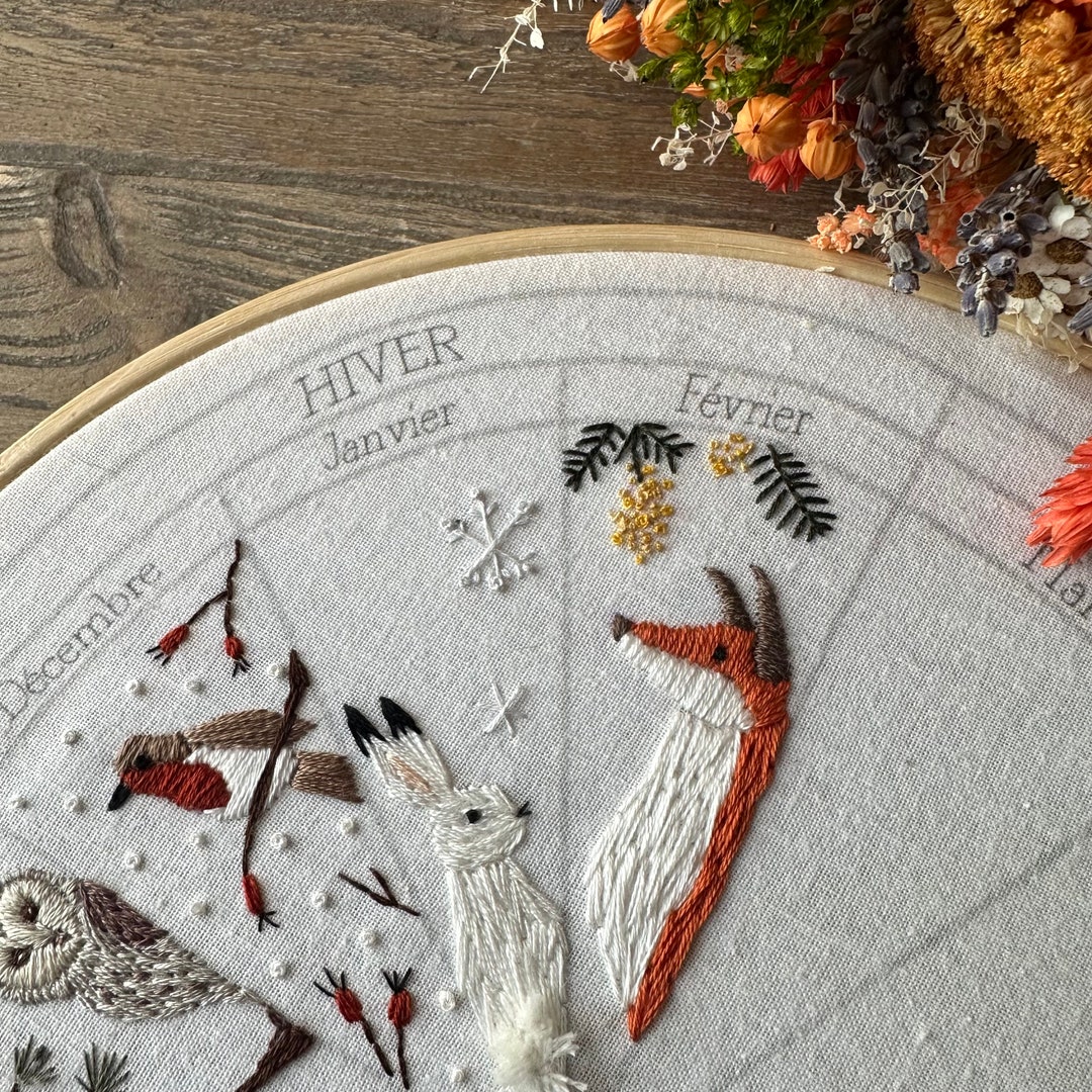 February Embroidery Pattern : Calendar to Embroider, Seasons Winter Fox ...