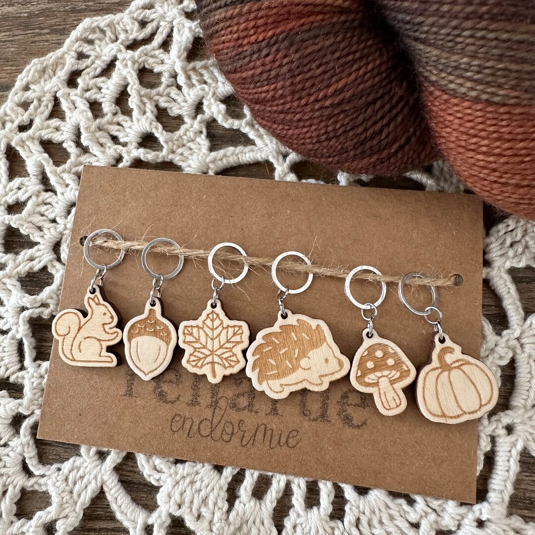 Knitting Wooden Stitch Markers, Set of 6: Autumn Collection (squirrel ...