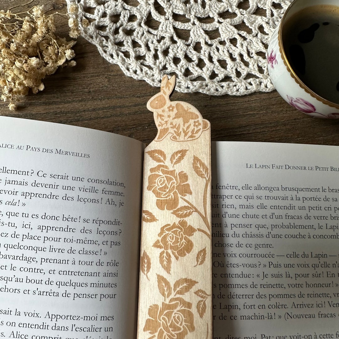 Rabbit and Flowers Wood Bookmark Laser Cut and Engraved Bookmark, Hare ...