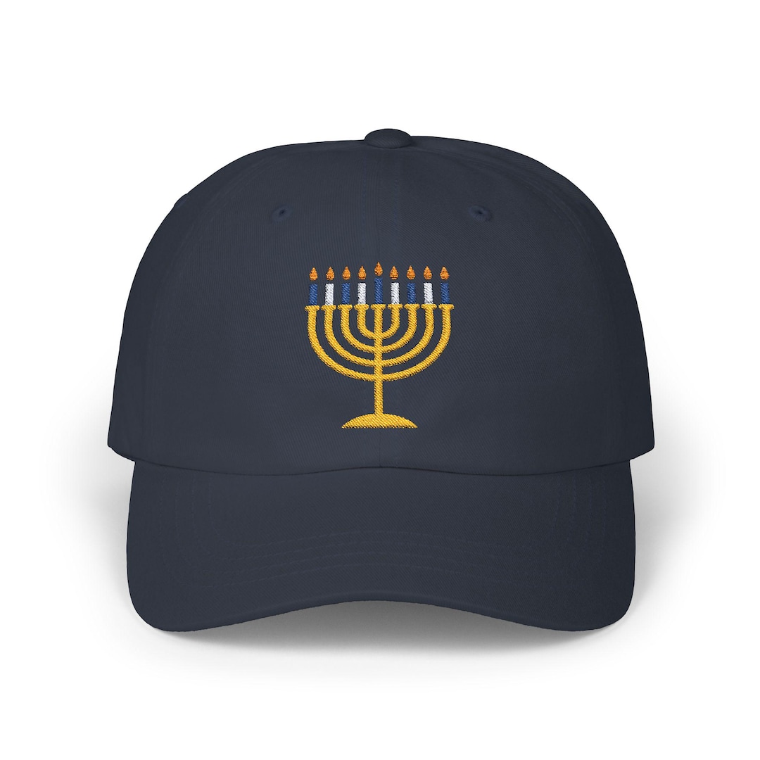 Blue and White Embroidered Hanukkah Menorah Cap, Jewish Holiday ...