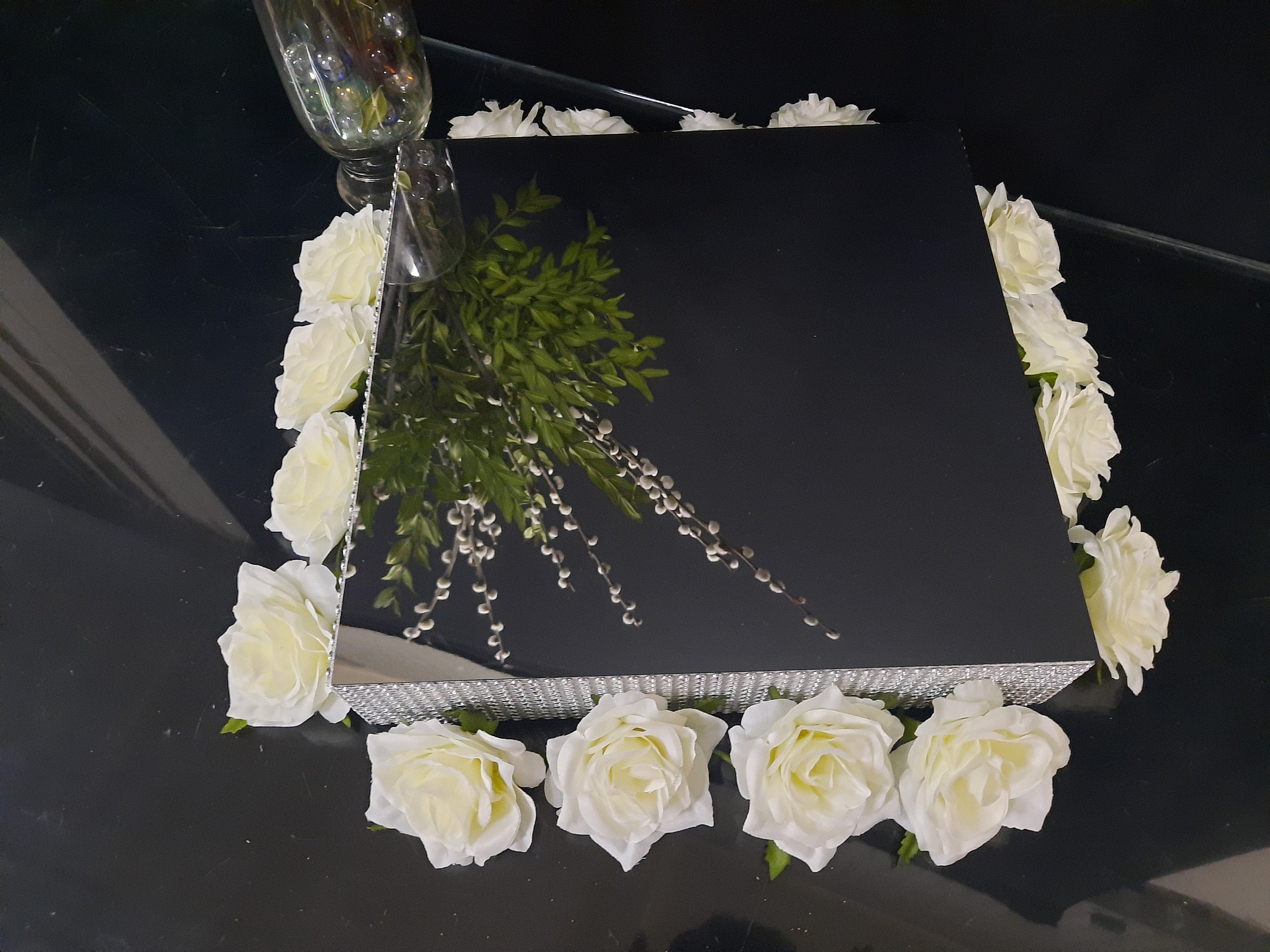 Cake Stand Mirror Square Height 2 Inches With White Roses, Square Cake ...
