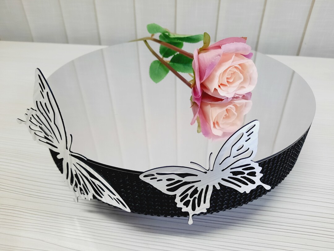 Cake Stand Butterfly Round Mirror Silver, Cake Stand With Rhinestone ...