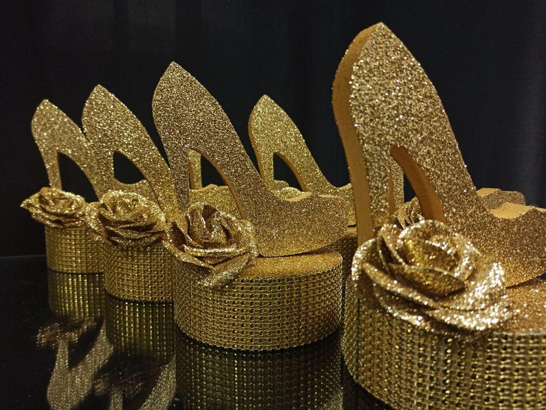 Shoe Centerpiece Gold, Quinceañera Centerpiece, Shoe on Stand, Gold ...