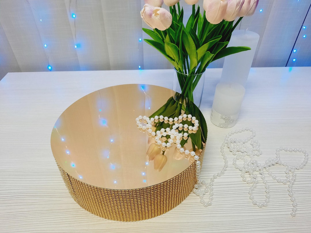 Round Mirror Gold Cake Stand With Rhinestone Sides Height 4 Inches ...