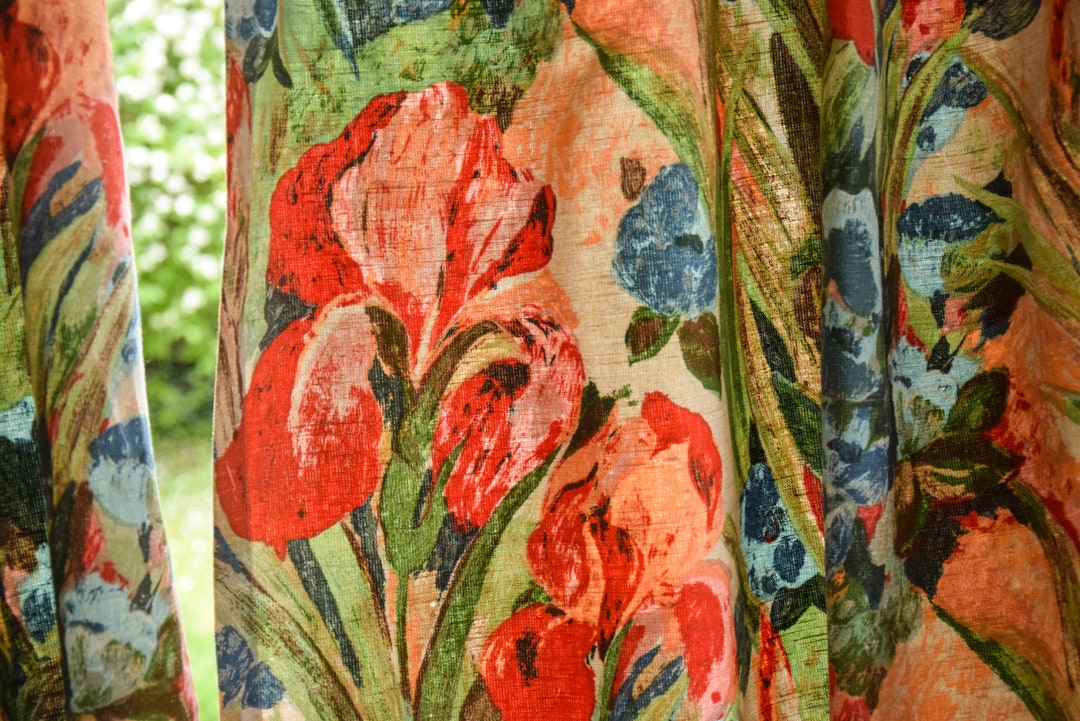 Antique Vintage Pair Linen Curtains Organic Flowers Pattern Boudoir ...
