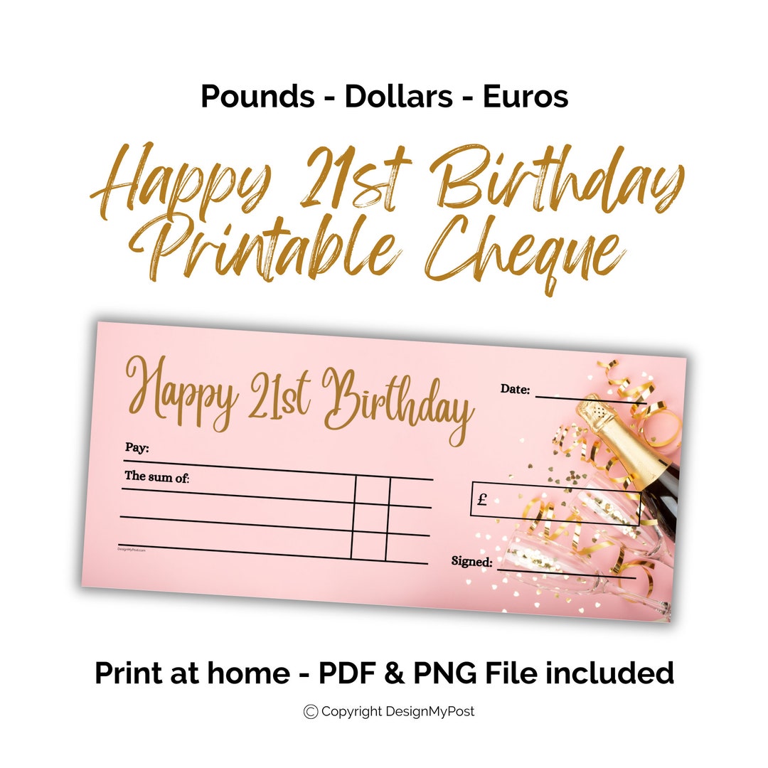 21st Birthday Gift Blank Cheque in Baby Pink. in Euros, Pounds, Dollars ...