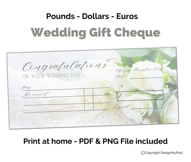Wedding Gifting Blank Cheque Printable Wedding Money Gift - Etsy