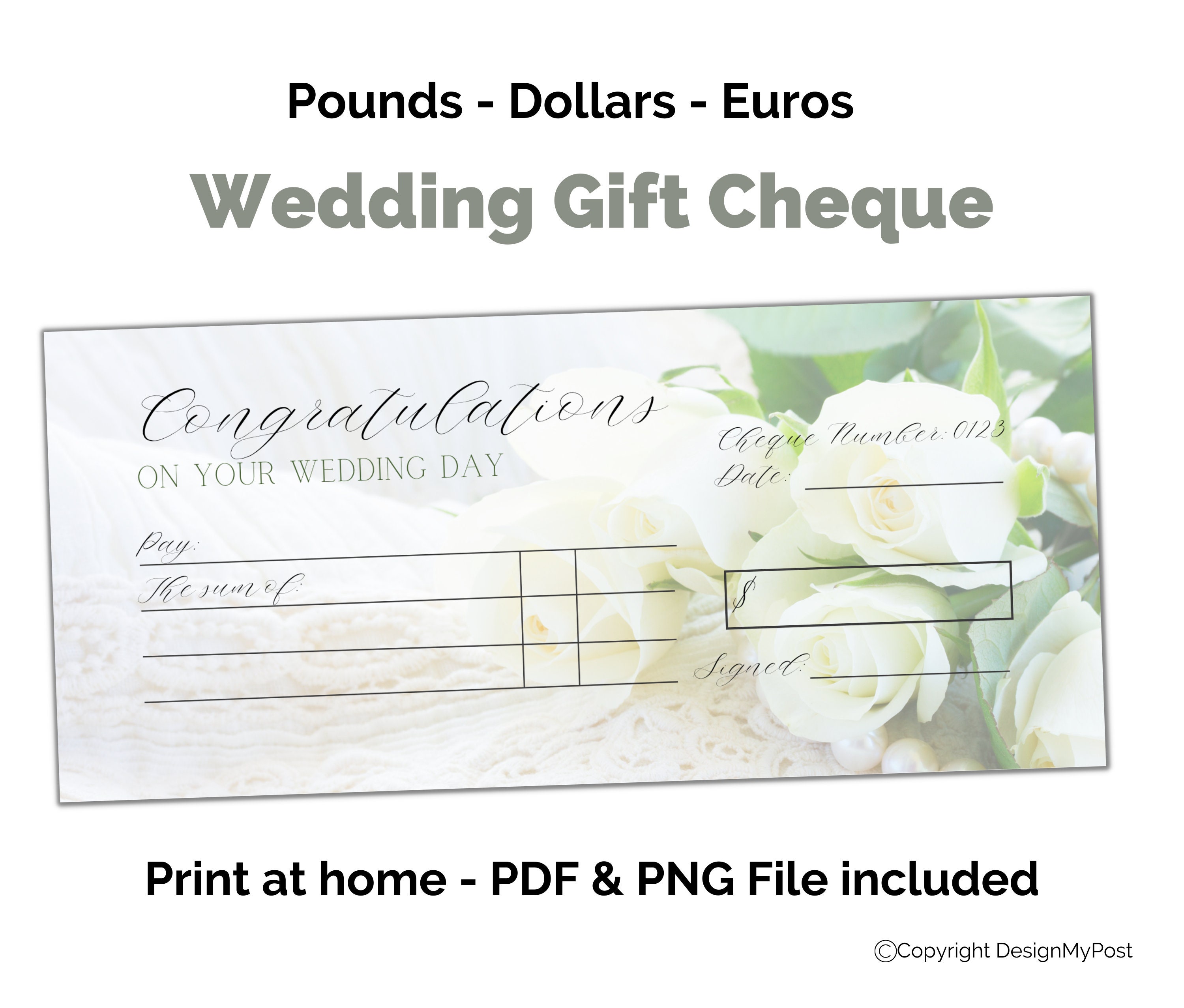 Wedding Gifting Blank Cheque Printable Wedding Money Gift - Etsy