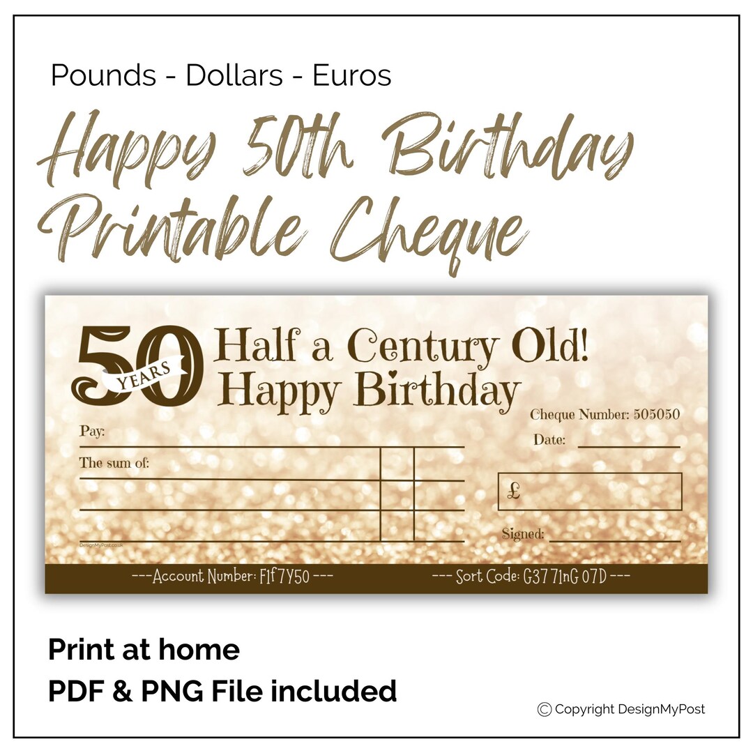 Printable 50th Birthday Cheque. Fake Gifting Blank Cheque in Euros ...
