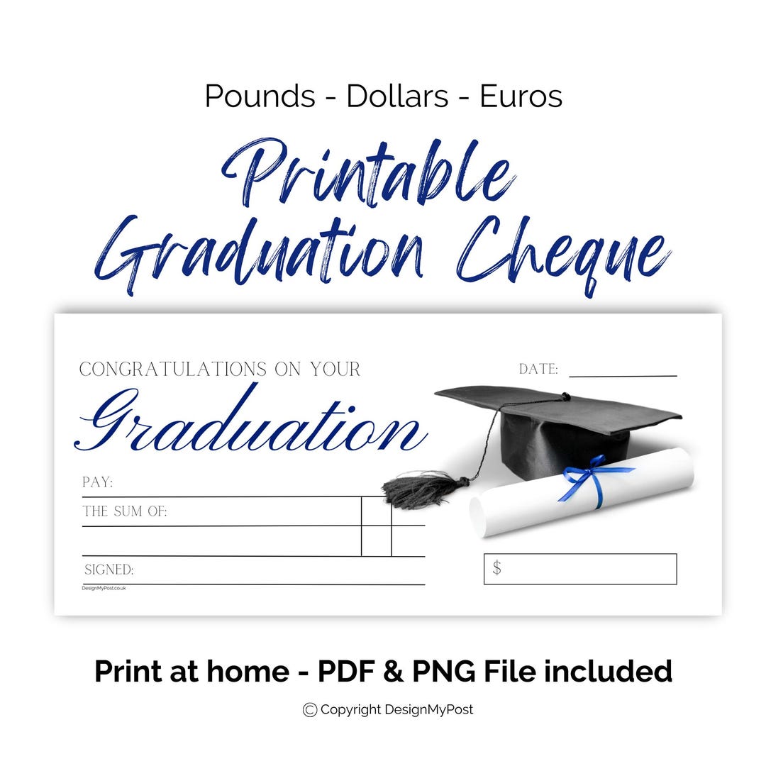 Graduation Cheque in Blue. Printable Gifting Blank Check. Euros, Pounds ...