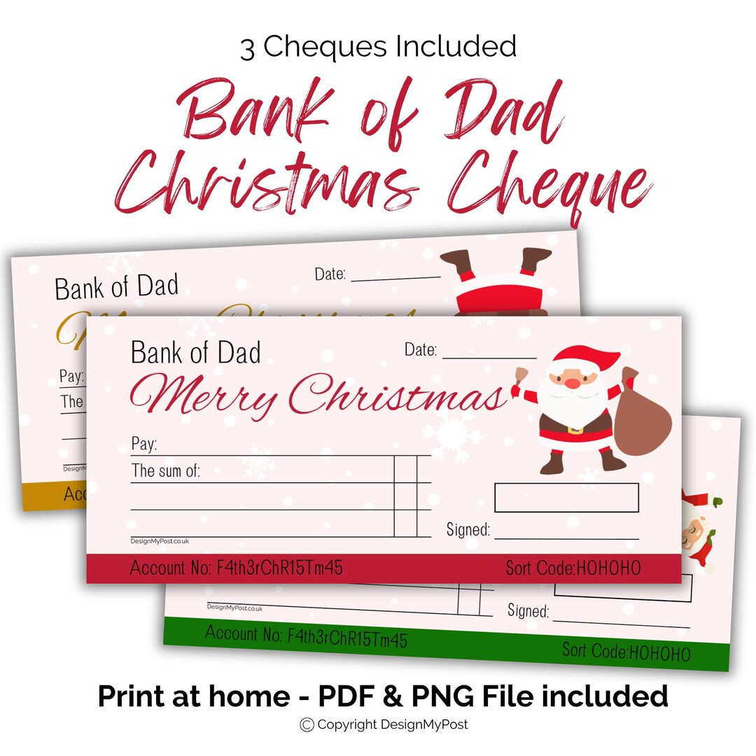 Christmas Bank of Dad Blank Cheque: Printable Money Gift (digital ...