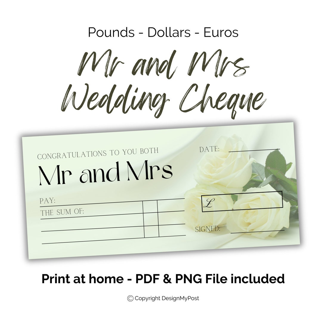 Blank Cheque Wedding Gift for Newly Weds. Printable Money Gifting ...